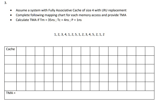 3. Assume a system with Fully Associative Cache of size 4 with LRU replacement Complete ...
