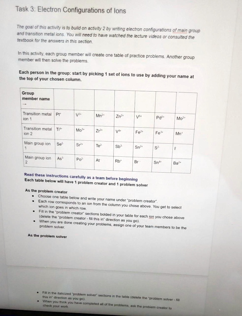 Task 3 electron configurations of lons the goal of his...