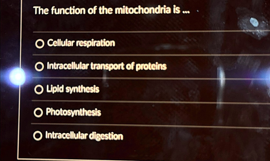 SOLVED: The function of the mitochondria is . Cellular respiration ...