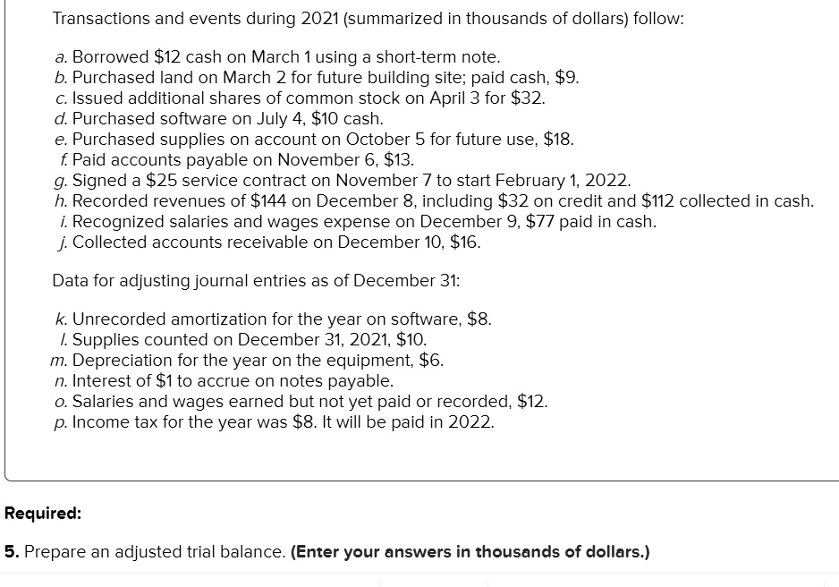 SOLVED: Transactions and events during 2021 (summarized in thousands of ...