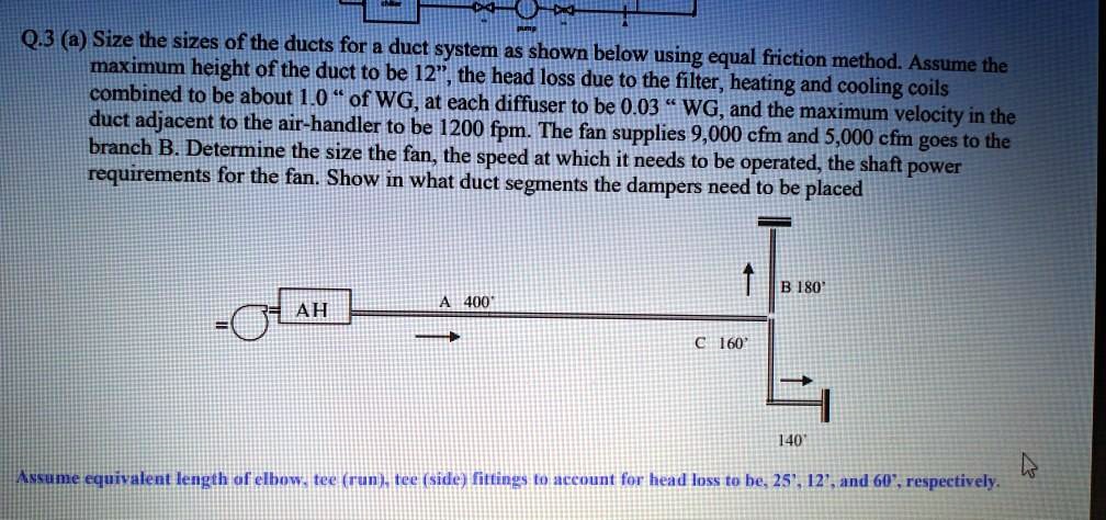 SOLVED: Q.3 (a) Size the ducts for a duct system as shown below using the equal friction method ...