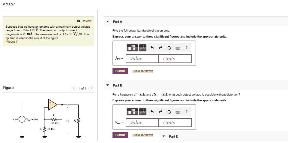 P 13.57 Review Part A Find the full-power bandwidth of the op amp ...