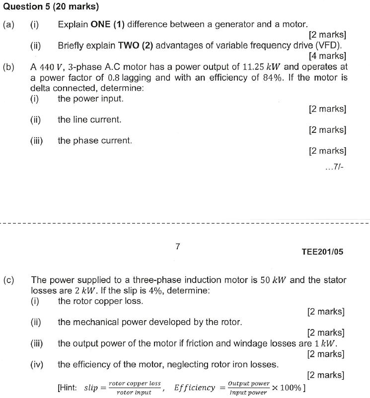 Question 5 (20 marks) (a) (i) Explain ONE difference between a generator and a motor. [2 marks ...