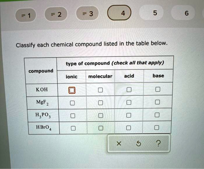 SOLVED: 5 8 # N Classify each chemical compound listed in the table ...