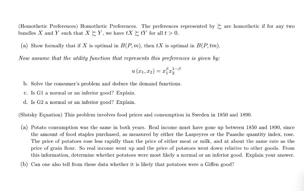 homothetic preferences homothetic preferences the preferences ...