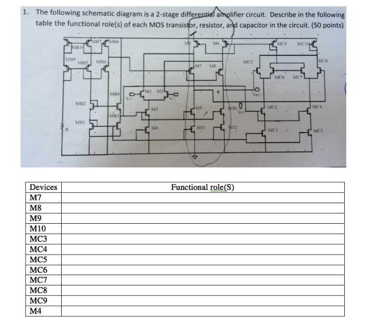 SOLVED: 1.The following schematic diagram is a 2-stage differentialaimplifier circuit. Describe ...