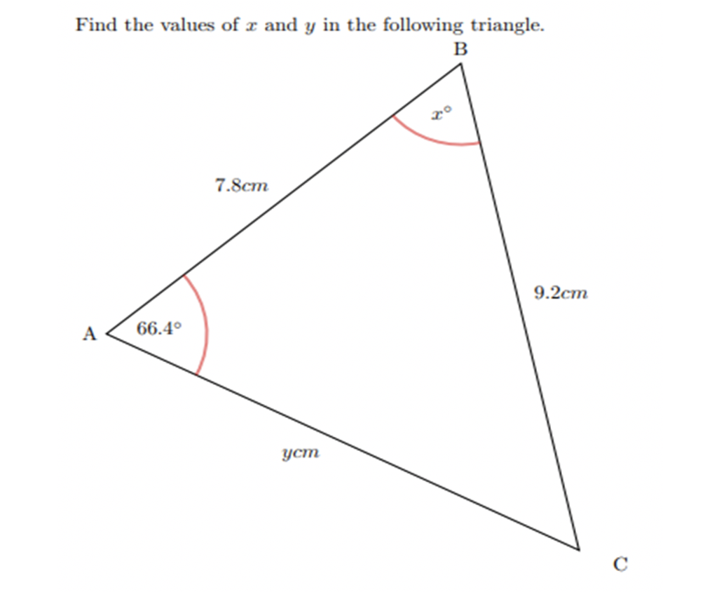 Find the values of x and y in the following triangle.
