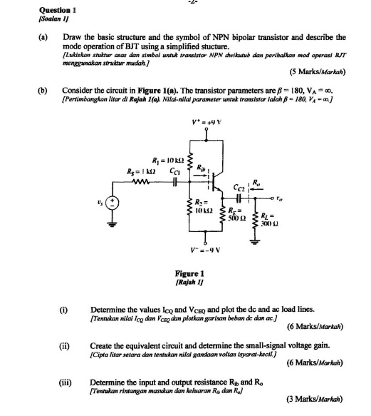 Question 1 [Soalan 1] (a) Draw the basic structure and the symbol of NPN bipolar transistor and ...
