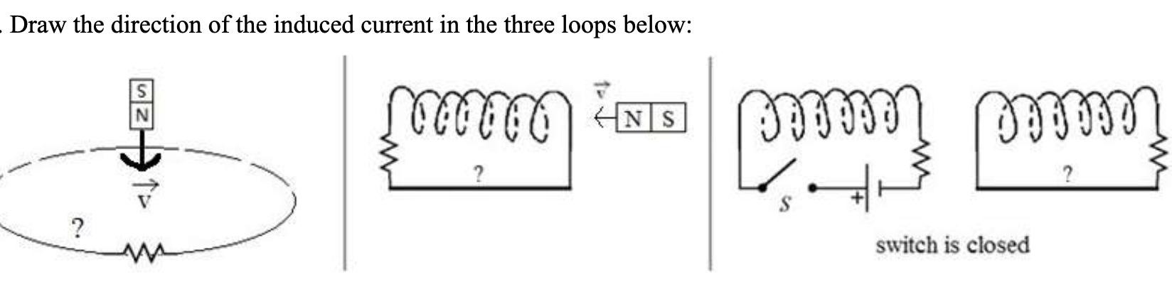 Draw the direction of the induced current in the three loops below: ? M ...