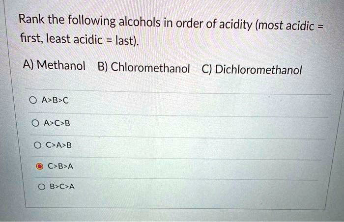SOLVED: Rank the following alcohols in order of acidity (most acidic ...