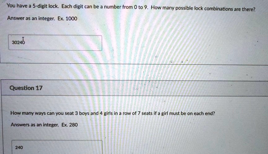 SOLVED: You have a 5-digit lock Each digit can be a number from 0 to 9. How many possible lock ...
