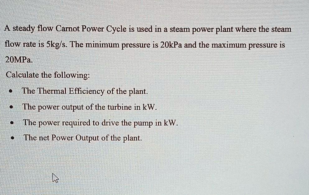 SOLVED: A steady flow Carnot Power Cycle is used in a steam power plant ...