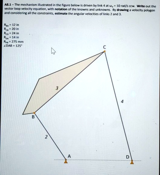 SOLVED: The mechanism illustrated in the figure below is driven by link 4 at w=10 rad/s ccw ...