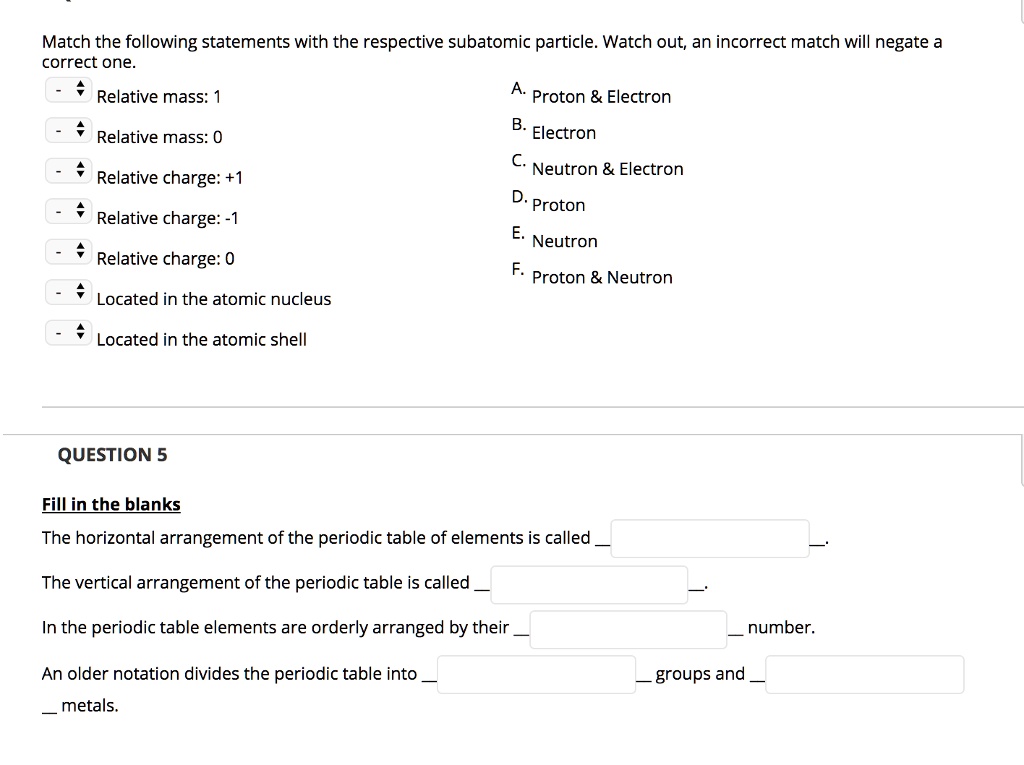 SOLVED: Match the following statements with the respective subatomic particle: Watch out, an ...
