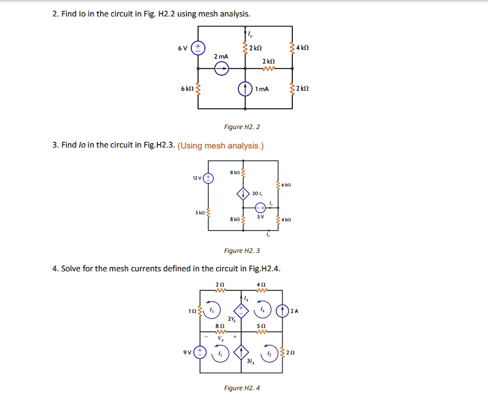 2 find io in the circuit in fig h22 using mesh analysis 3 find io in the circuit in fig h23 ...