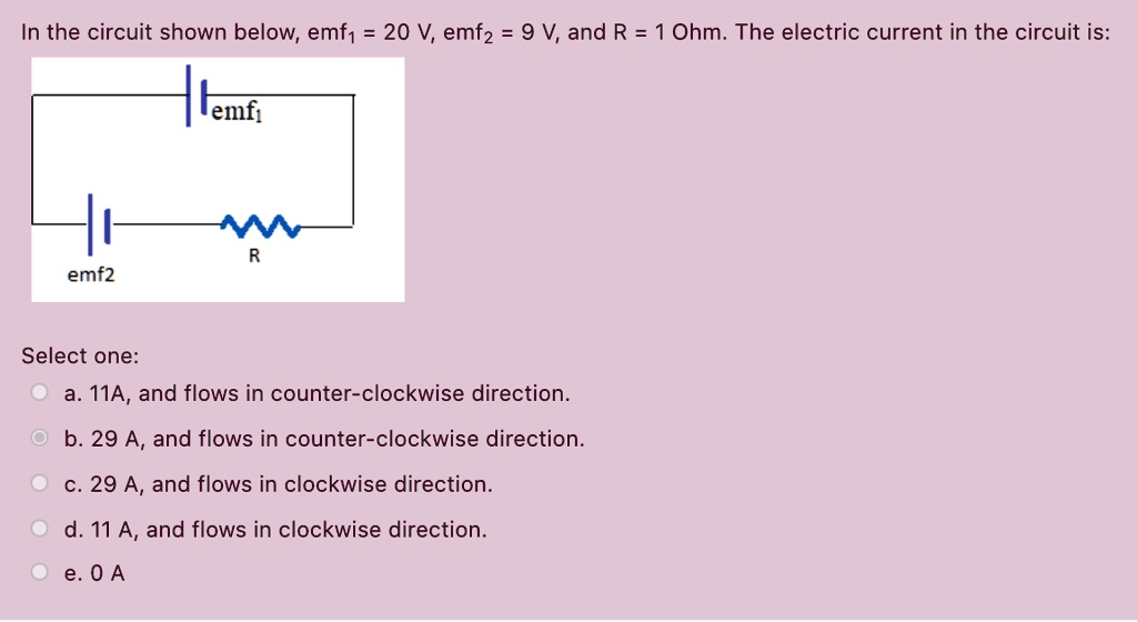 SOLVED:In the circuit shown below; emf1 20 V, emfz 9 V, and R = 1 Ohm: The electric current in ...