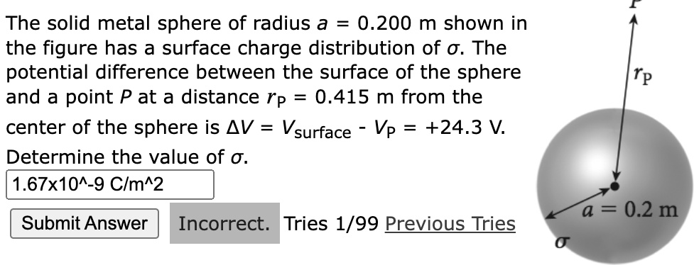 The solid metal sphere of radius a = 0.200 m shown in the figure has a surface charge ...