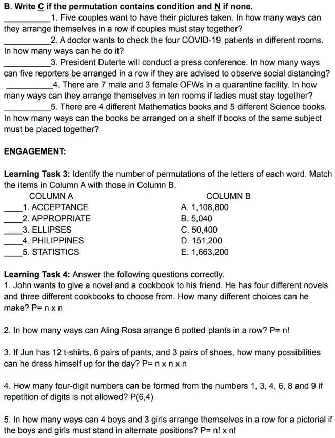 SOLVED: B. Write C if the permutation contains a condition and N if ...