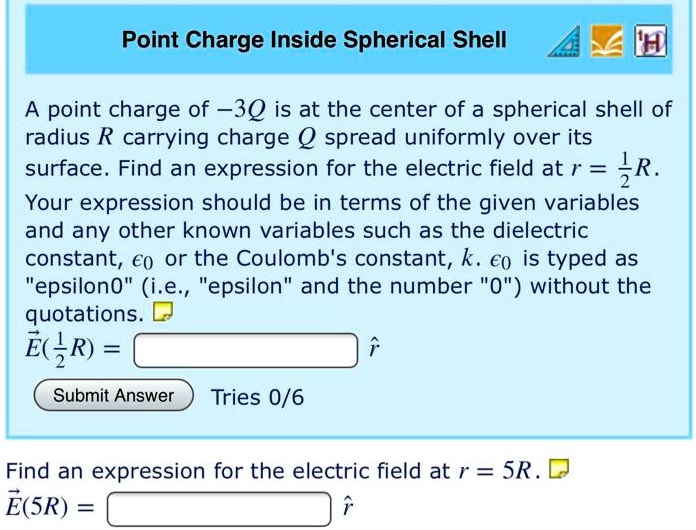Point Charge Inside Spherical Shell A point charge of -3Q is at the center of a spherical shell ...