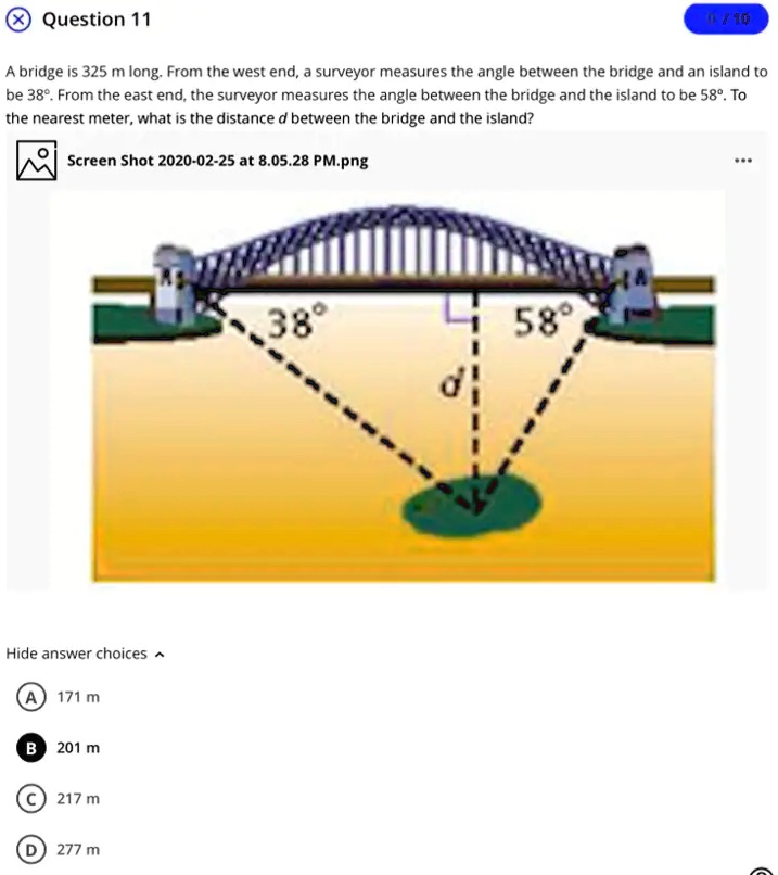 SOLVED: Question 11 2 40 bridge is 325 m long: From the west end ...
