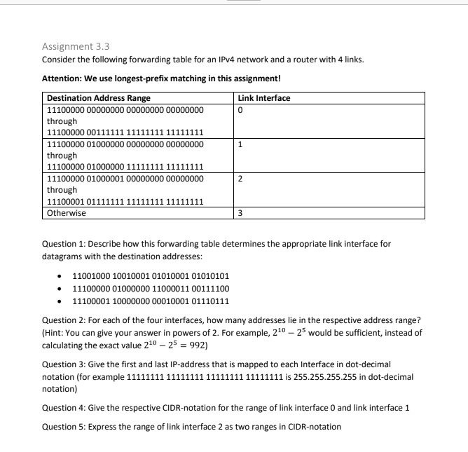 SOLVED: Assignment 3.3 Consider the following forwarding table for an IPv4 network and a router ...