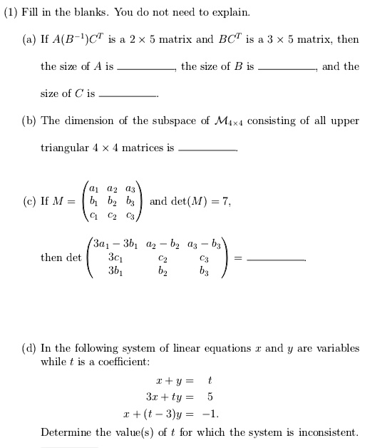 SOLVED: (1) Fill in the blanks Yon do not need to explain (a) IF A(B ...