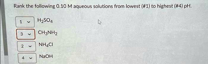 SOLVED: Rank the following 0.10 M aqueous solutions from lowest (#1) to highest (#4) pH: H2SO4 ...