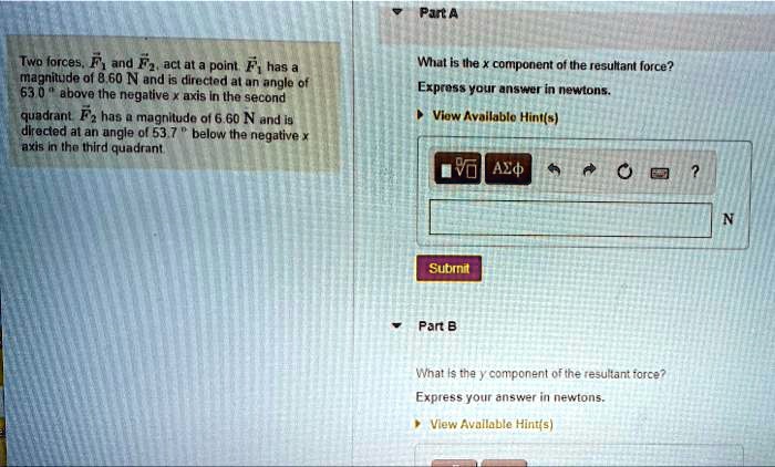SOLVED: PART A: WHAT IS THE X COMPONENT OF THE RESULTANT FORCE? PART B: WHAT IS THE Y COMPONENT ...
