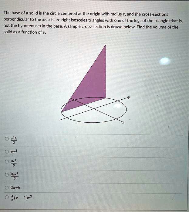 the base of a solid is the circle centered at the origin with radius 7 ...