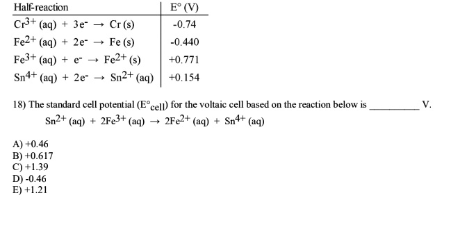 SOLVED: Half-reaction E" (V) Cr3+ (aq) 3e Cr (s) -0.74 Fe2+ (aq) 2e- Fe (s) 0.440 Fe3+ (aq) Fe2t ...