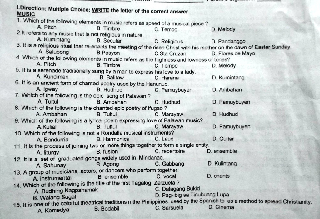 SOLVED: Direction: Multiple Choice: WRITE the letter of the correct ...