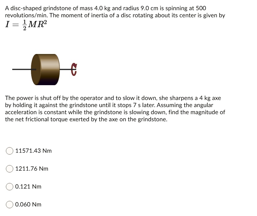 A disc-shaped grindstone of mass 4.0 kg and radius 9.0 cm is spinning ...