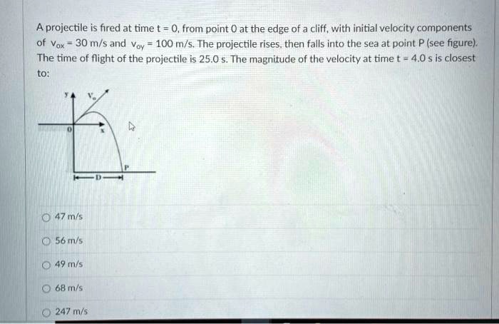SOLVED: A projectile is fired at time t = 0,from point 0 at the edge of a cliff, with initial ...