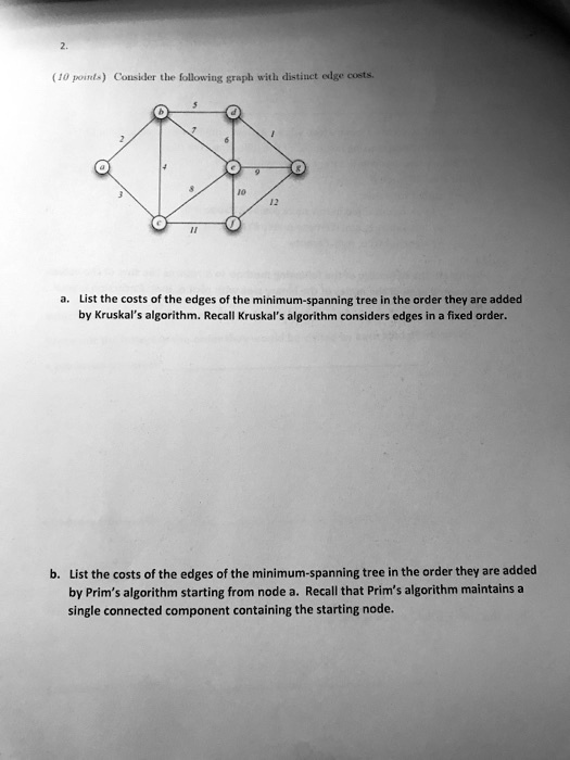 SOLVED: 10 points) Consider the following graph with distinct edge costs: a. List the costs of ...