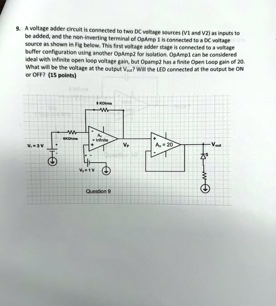 9 a voltage adder circuit is connected to two dc voltage sources v1 and v2 as inputs to be added ...
