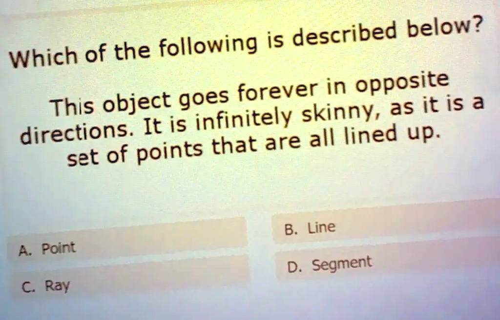 Which of the following is described below? This object goes forever in opposite directions. It ...