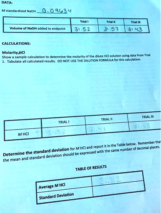 SOLVED:DATA: M standardized NaOH _ 9634 Trlal / Trial I Trial M Volume ...
