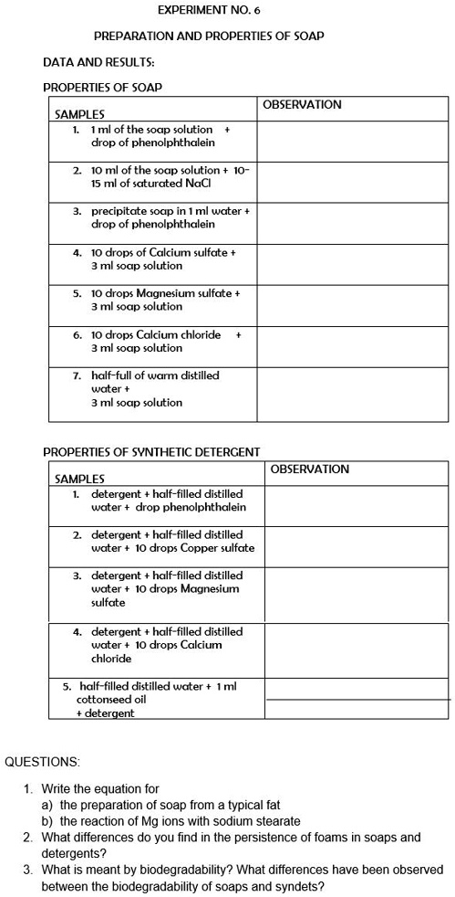 EXPERIMENT NO. 6 PREPARATION AND PROPERTIES OF SOAP DATA AND RESULTS: PROPERTIES OF SOAP SAMPLES ...