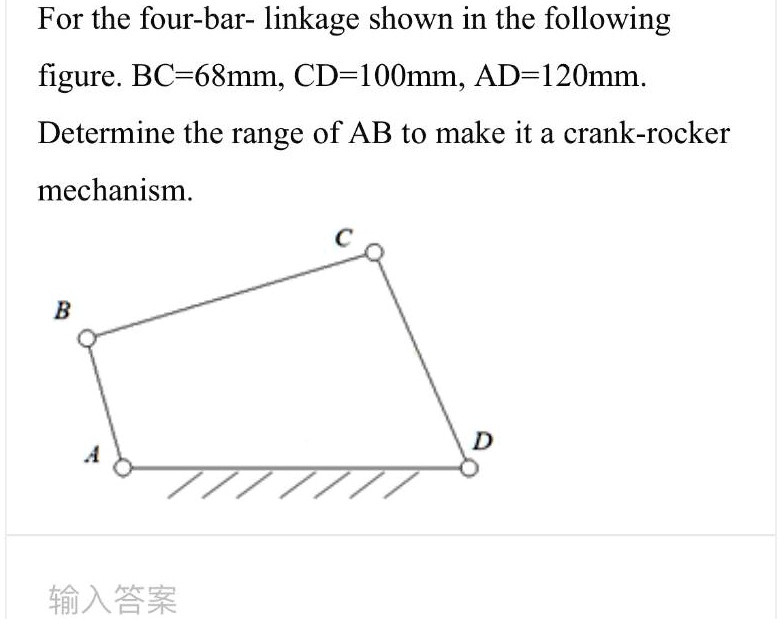 SOLVED: For the four-bar linkage shown in the following figure, BC = 68 mm, CD = 100 mm, AD ...