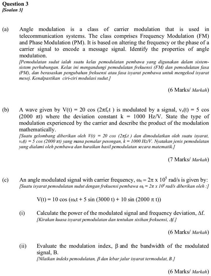 SOLVED: Question 3 [Soalan 3] (a) Angle modulation is a class of ...