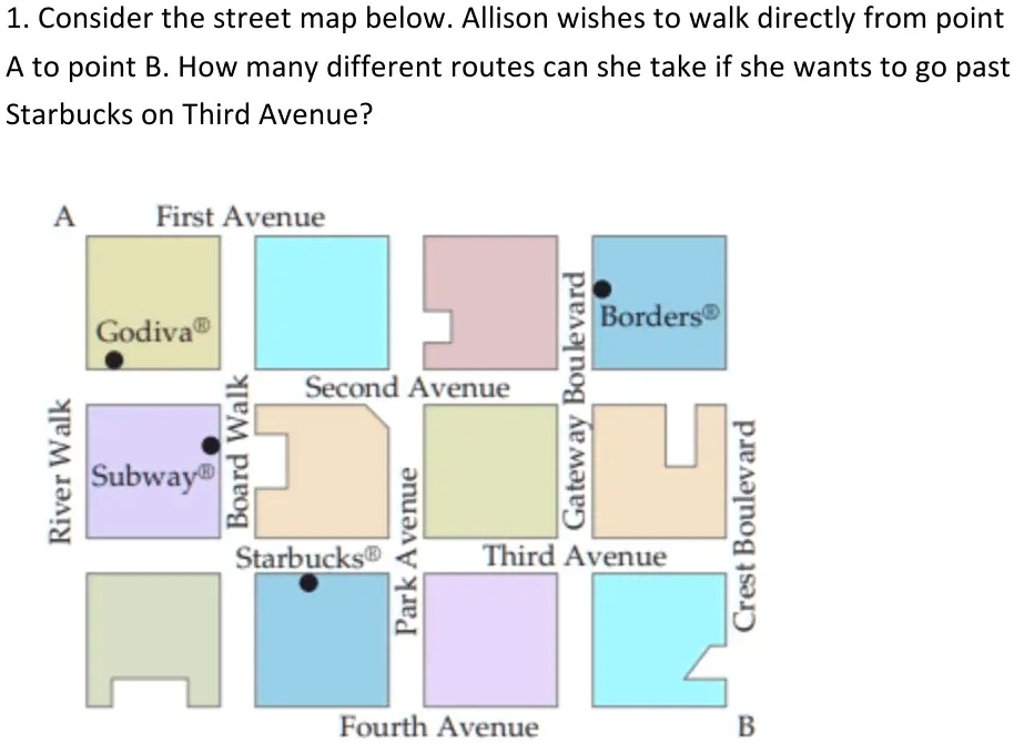 River Walk A First Avenue 1. Consider the street map below....