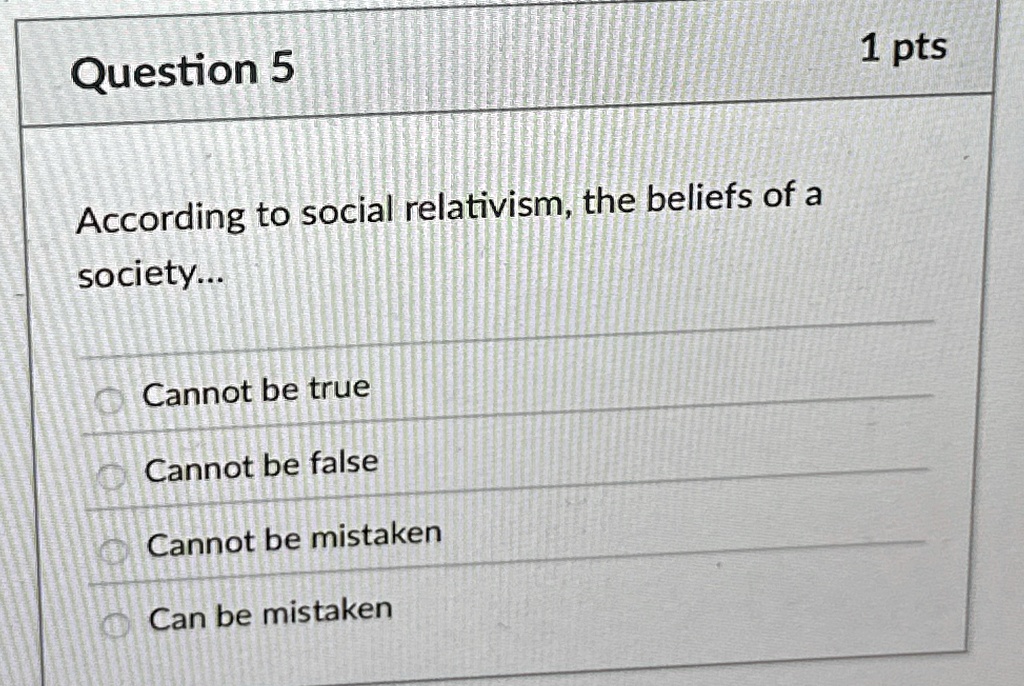 Question 5 According to social relativism, the beliefs of a society ...