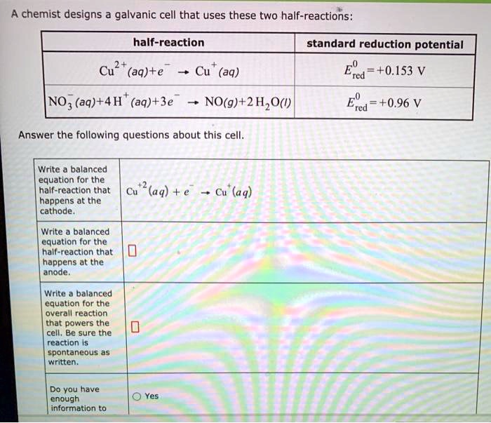 SOLVED: A chemist designs a galvanic cell that uses these two half-reactions: half-reaction ...