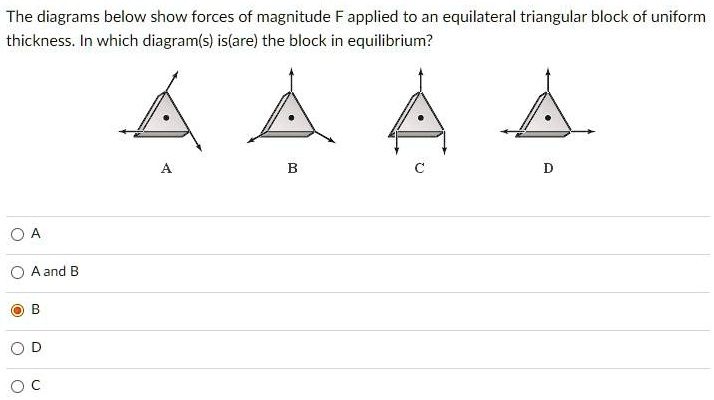 The diagrams below show forces of magnitude F applied to an equilateral triangular block of ...