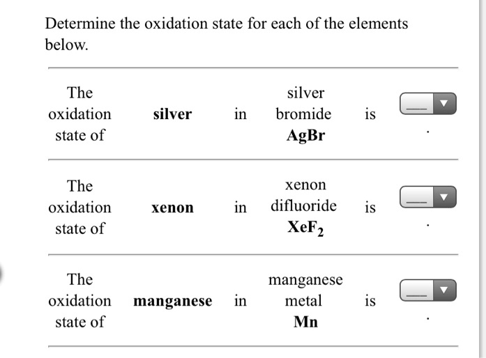 SOLVED: Determine the oxidation state for each of the elements below ...