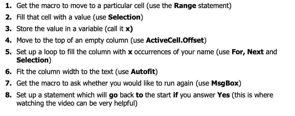 Solved Using Vba And Macros In Excel How To Execute Commands 1 Get The Macro To Move To A