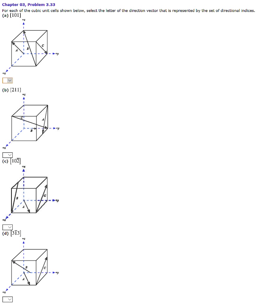 Chapter 03, Problem 3.33 For each of the cubic unit cells shown below select the letter of the ...