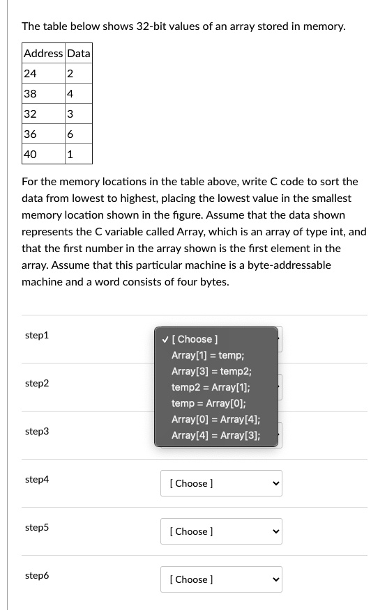 The Table Below Shows 32 Bit Values Of An Array Stored In Memory Address Data 24 2 38 4 32 3 36 