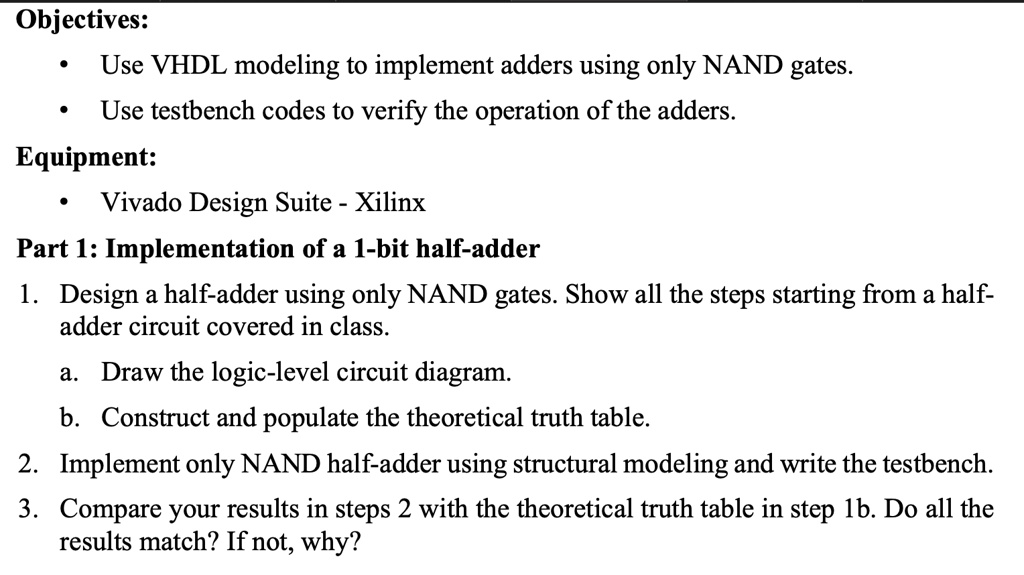 Solved Objectives Use Vhdl Modeling To Implement Adders Using Only Nand Gates Use Testbench