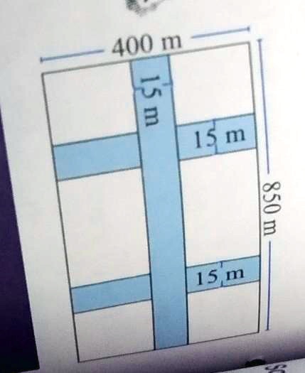 In a rectangular park of length 850m and breadth 400m, three paths of ...